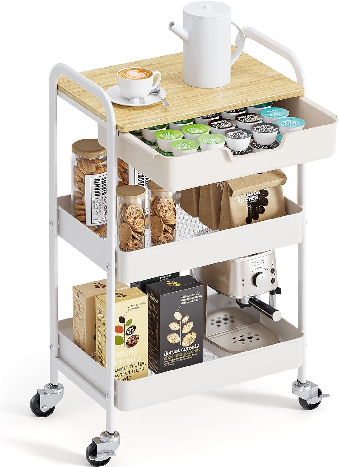 KINGRACK Rolling cart, 3-Tier Utility Storage Trolley with Wooden Board ...
