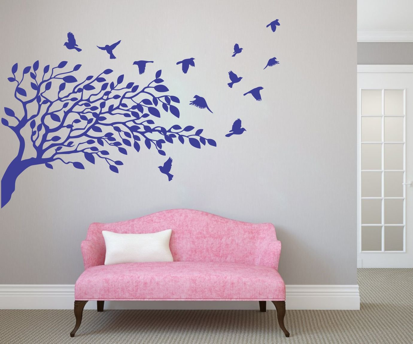 Buy Indra Graphic Blue Tree with Birds Vinyl Wall Sticker (Covering ...