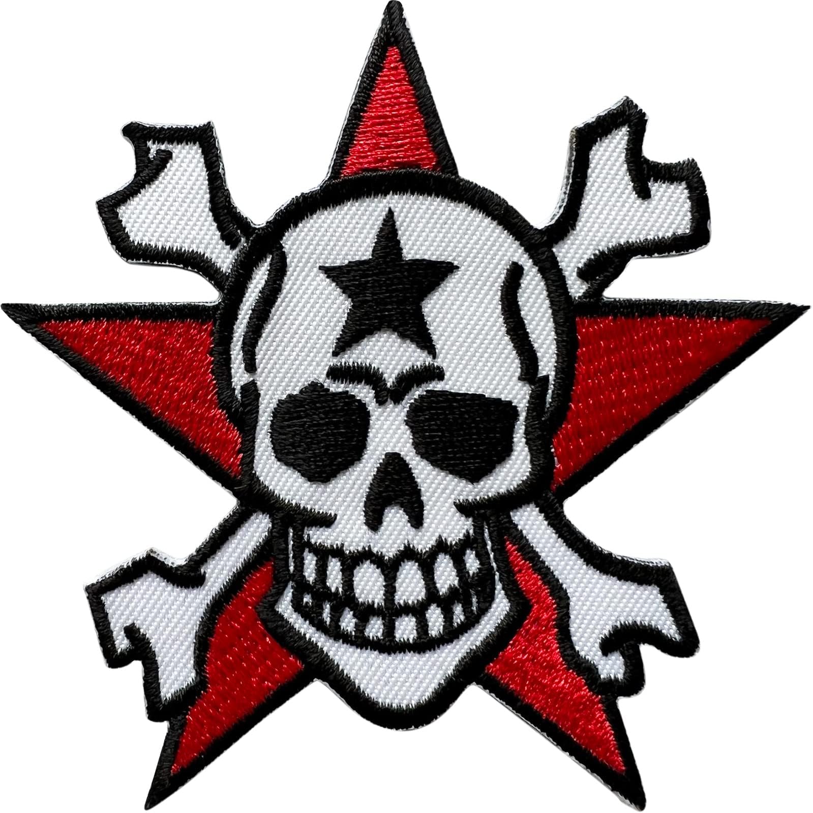 White Skull Crossbones Red Black Star Patch Iron Sew On Jeans ...