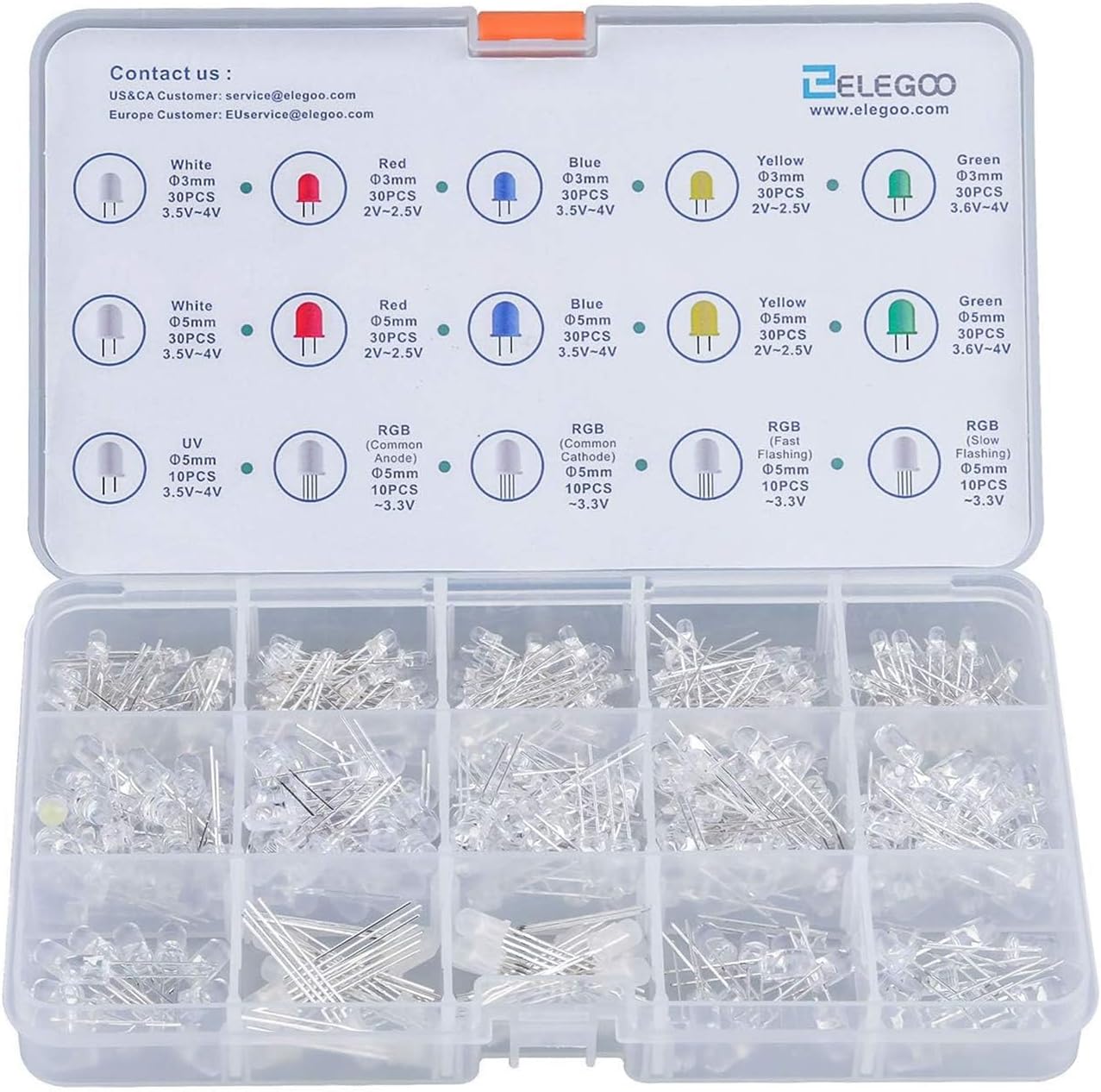 ELEGOO 3mm and 5mm Diffused and Clear Assorted LED Kit 5 Colors with UV ...