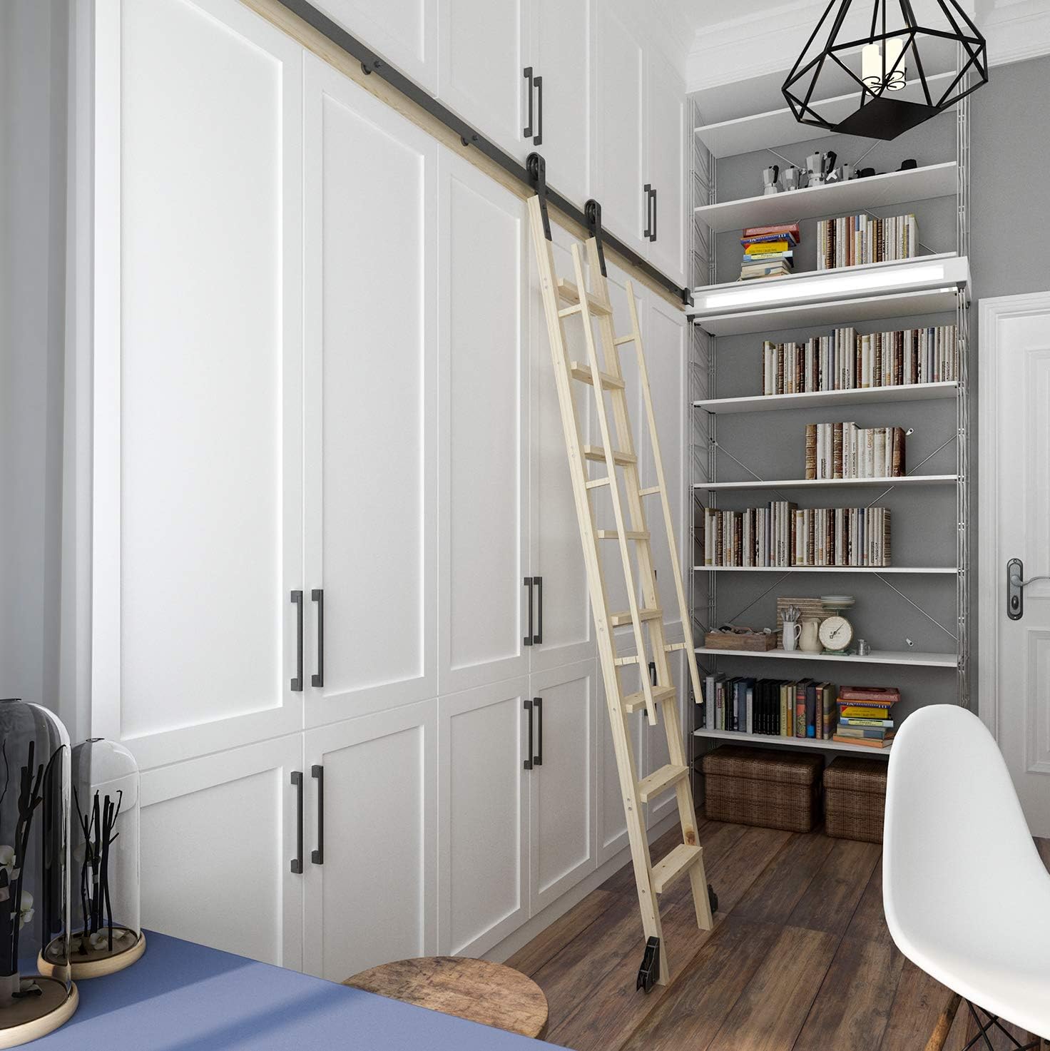 DIYHD 16FT Wooden Ladder Rolling Hardware Sliding Library Ladder Track ...
