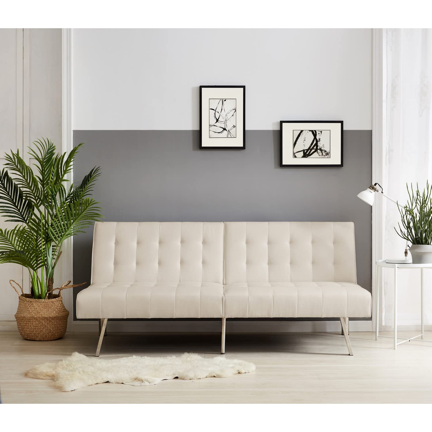 HOMESTOCK Espresso, Linen Tufted Split Back Futon Sofa Bed,
