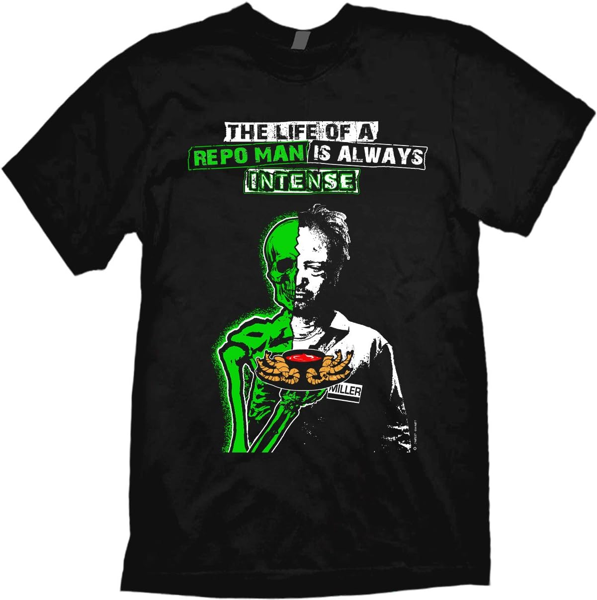 Amazon.com: Repo Man T-Shirt Miller Design by Artist Jared Swart Black ...