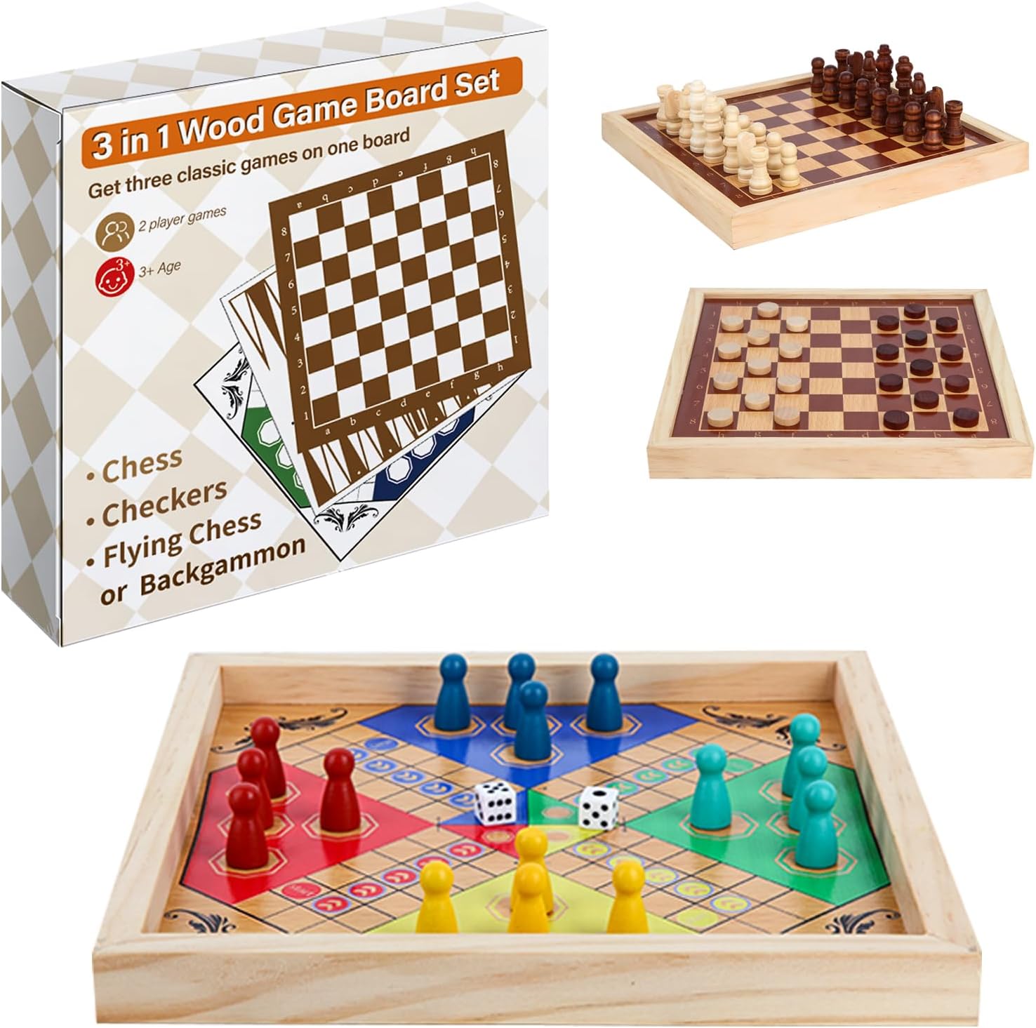 OOCOME 3 in 1 Chess Checkers Flight Chess Set, Wooden Game Board with ...