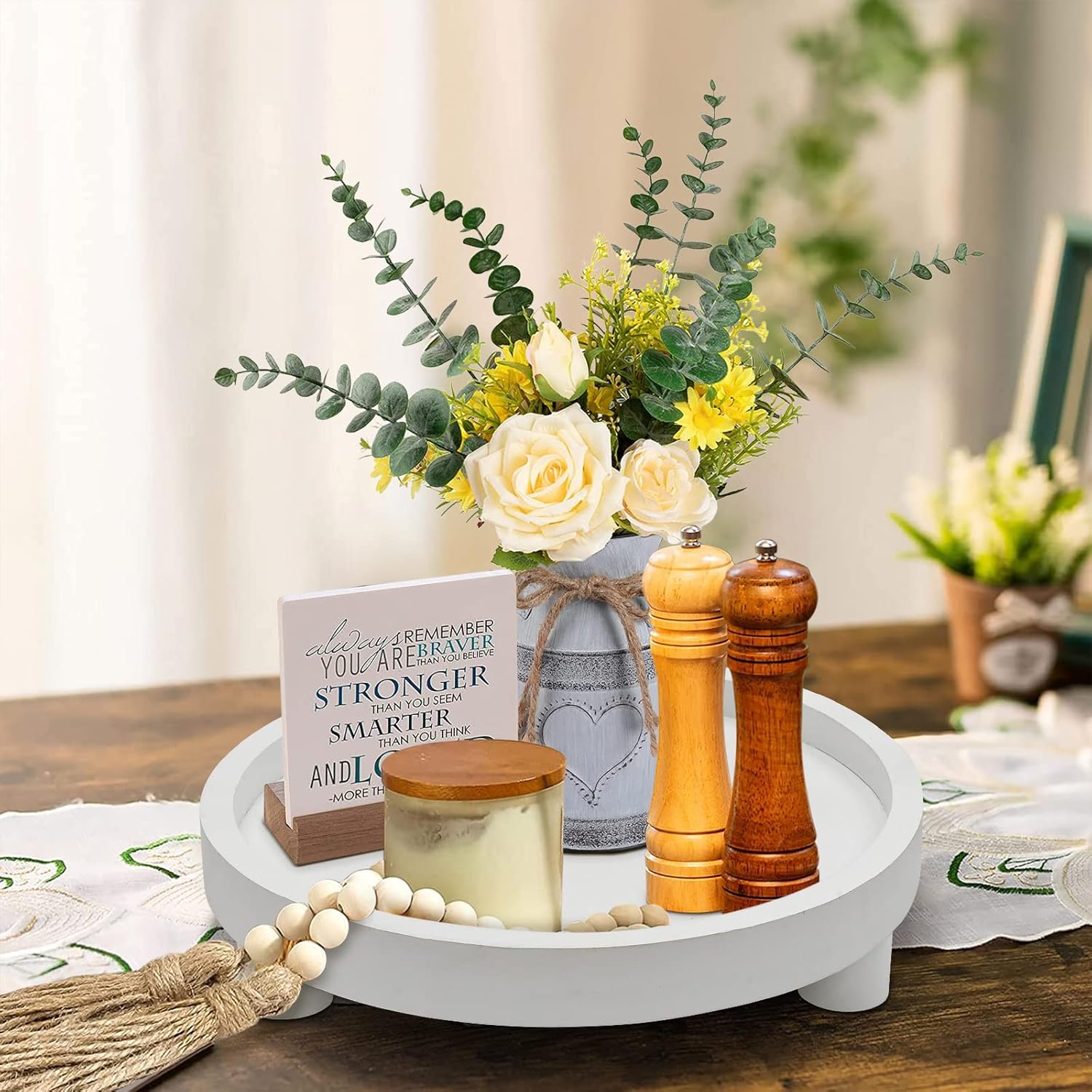 Amazon.com: Wood Decorative Tray Round, White Tray Decor for Kitchen ...