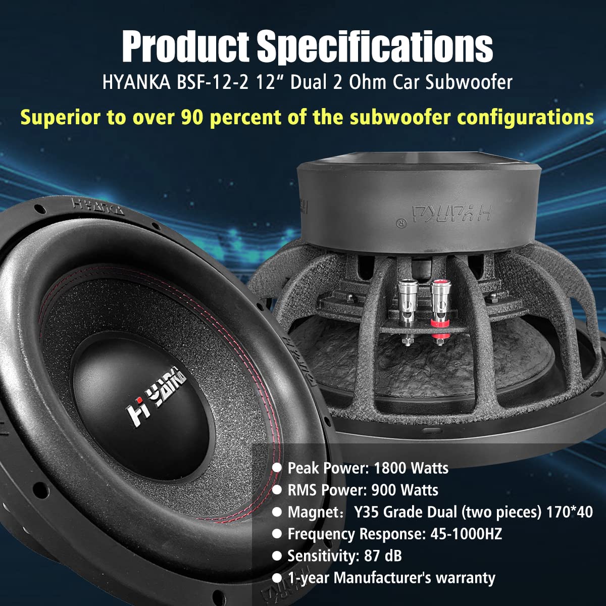 HYANKA BSF-12-2 Car Subwoofer Audio Speaker - 12 Inch Paper Cone, Black ...