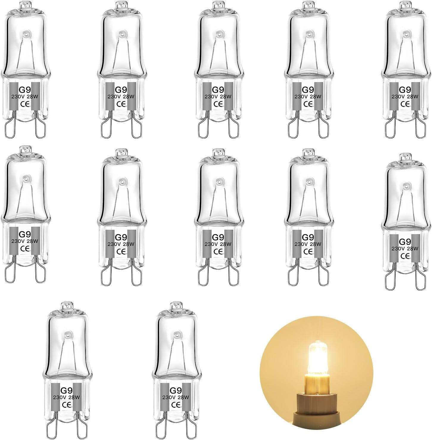 G9 Halogen Light Bulbs 28W, 12 Pcs 230V 2800K Warm White, 350 Lumens ...