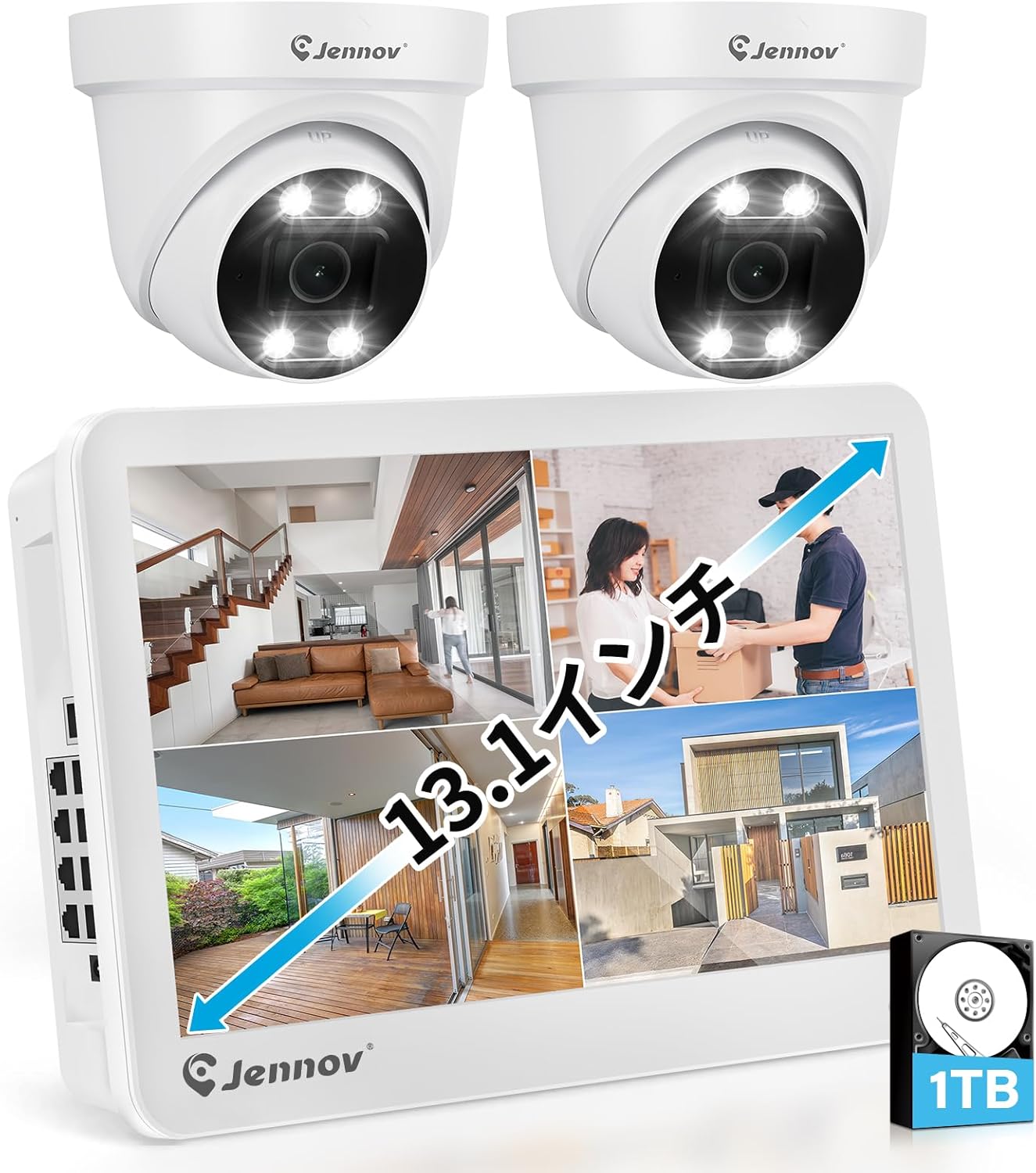 Amazon.co.jp: 【4K対応・130°視野角】JENNOV 防犯カメラ 屋外 有線 2台セット 13"モニター付き ドーム poe ...