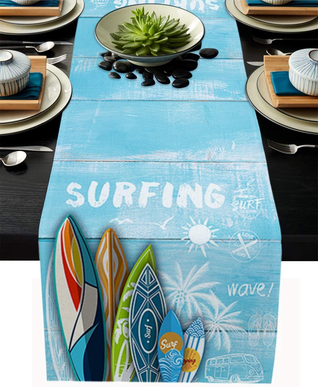 Amazon.com: Beach Coastal Surfboard Cotton and Linen Table Runners ...