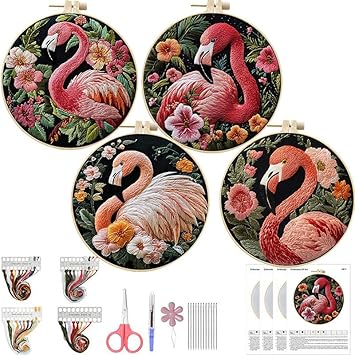 Amazon.com: LB 4 Pack Pink Flamingo Embroidery Kit for Beginners Green ...