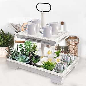 Amazon.com: CRAZYMOTO Wood 2-Tier Rustic Tray, Farmhouse Tiered Tray ...