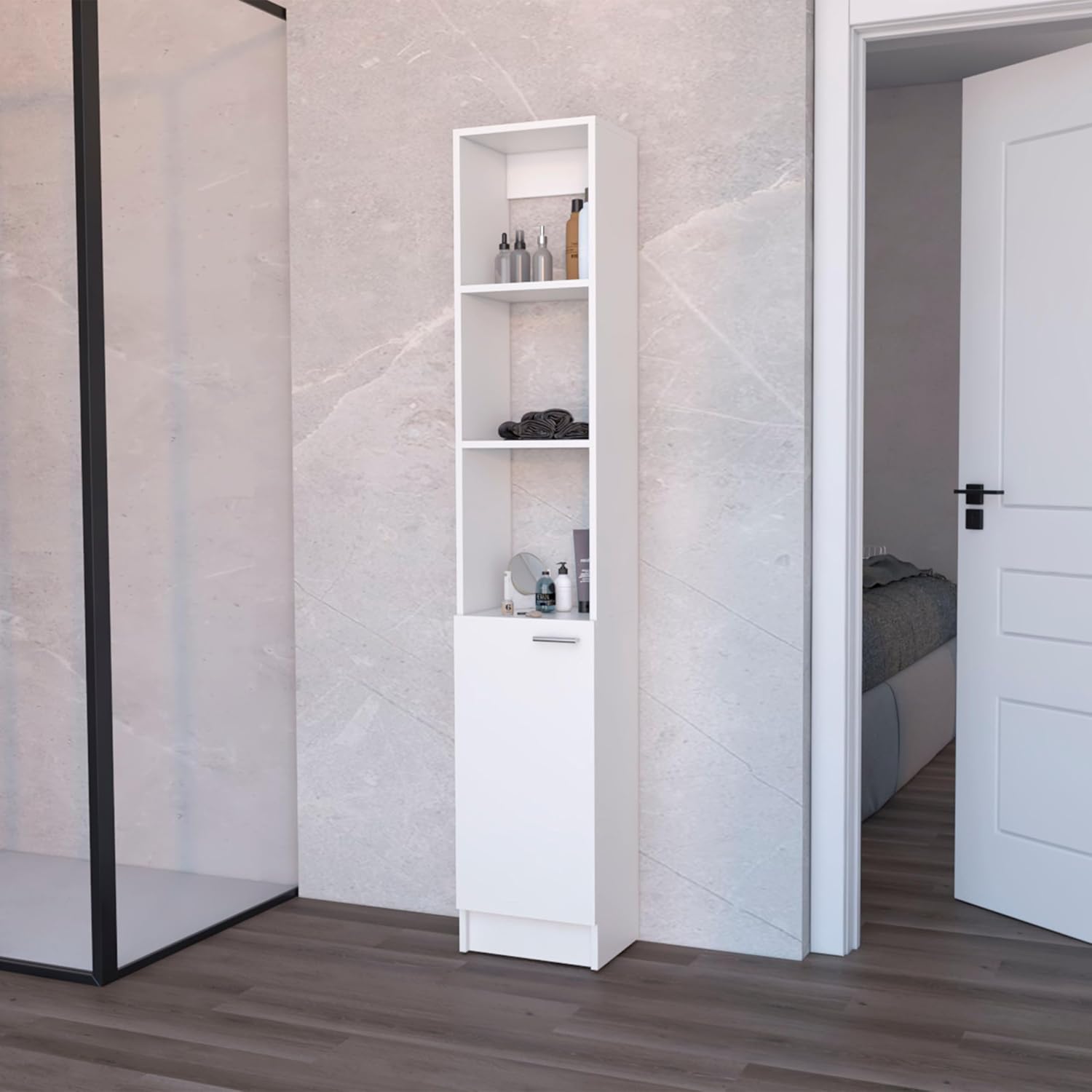 Amazon.com: FM FURNITURE Brenda Linen Cabinet with 1 Door, 3 Open ...