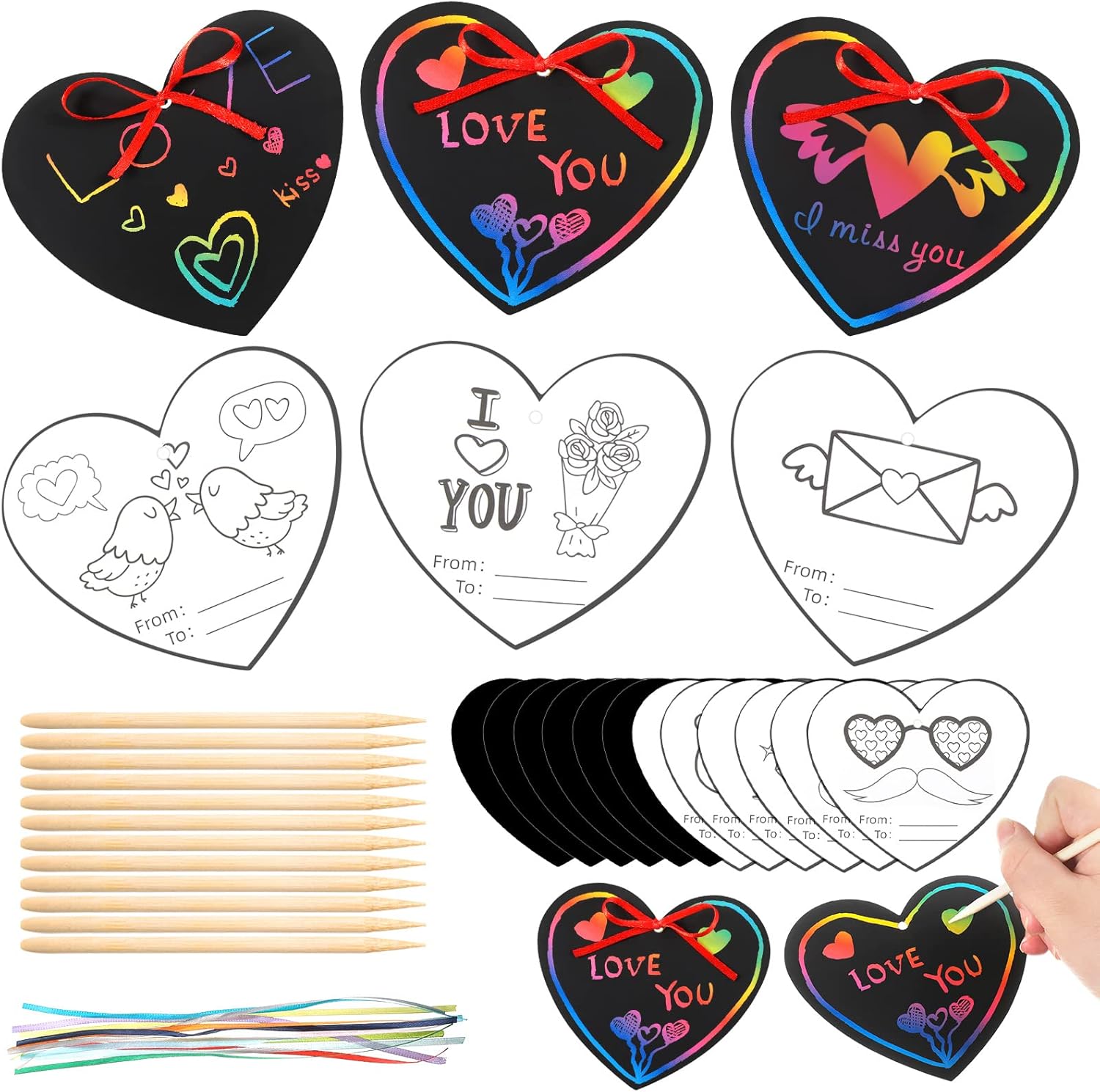 Valentine's Day Scratch Paper Heart Shaped Scratch Craft Kit Include 12 ...