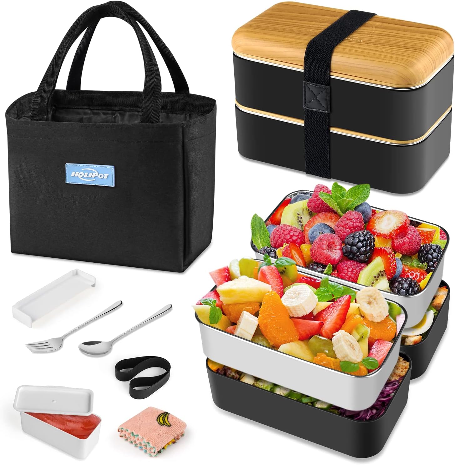 Umami Lunch Container for Adults All-In-1 w/ 4 Utensils, 2 Sauce Jars ...