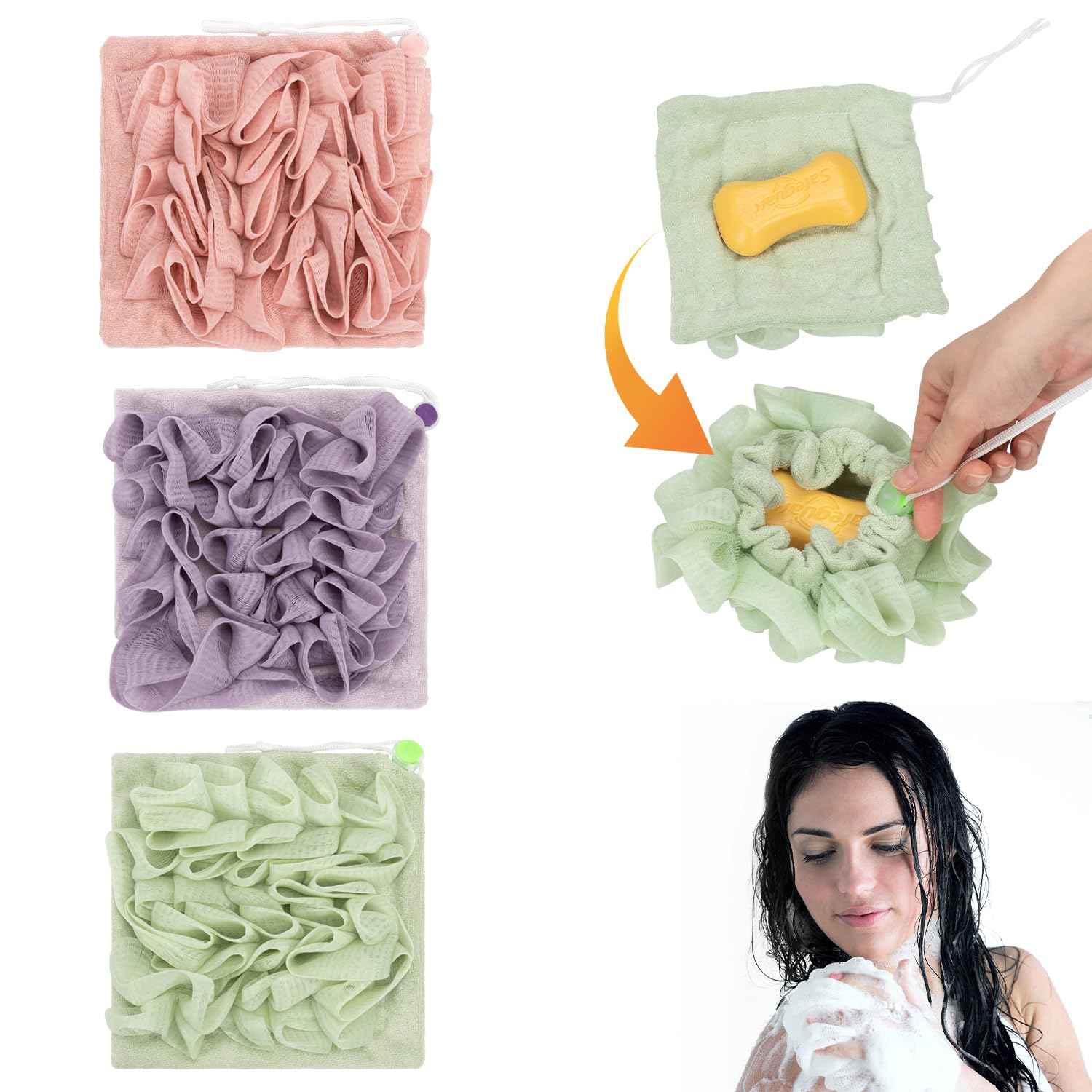 3 PCS Shower Scrubber Loofah Shower Puff, 2 in 1 Loofa Exfoliating Body ...