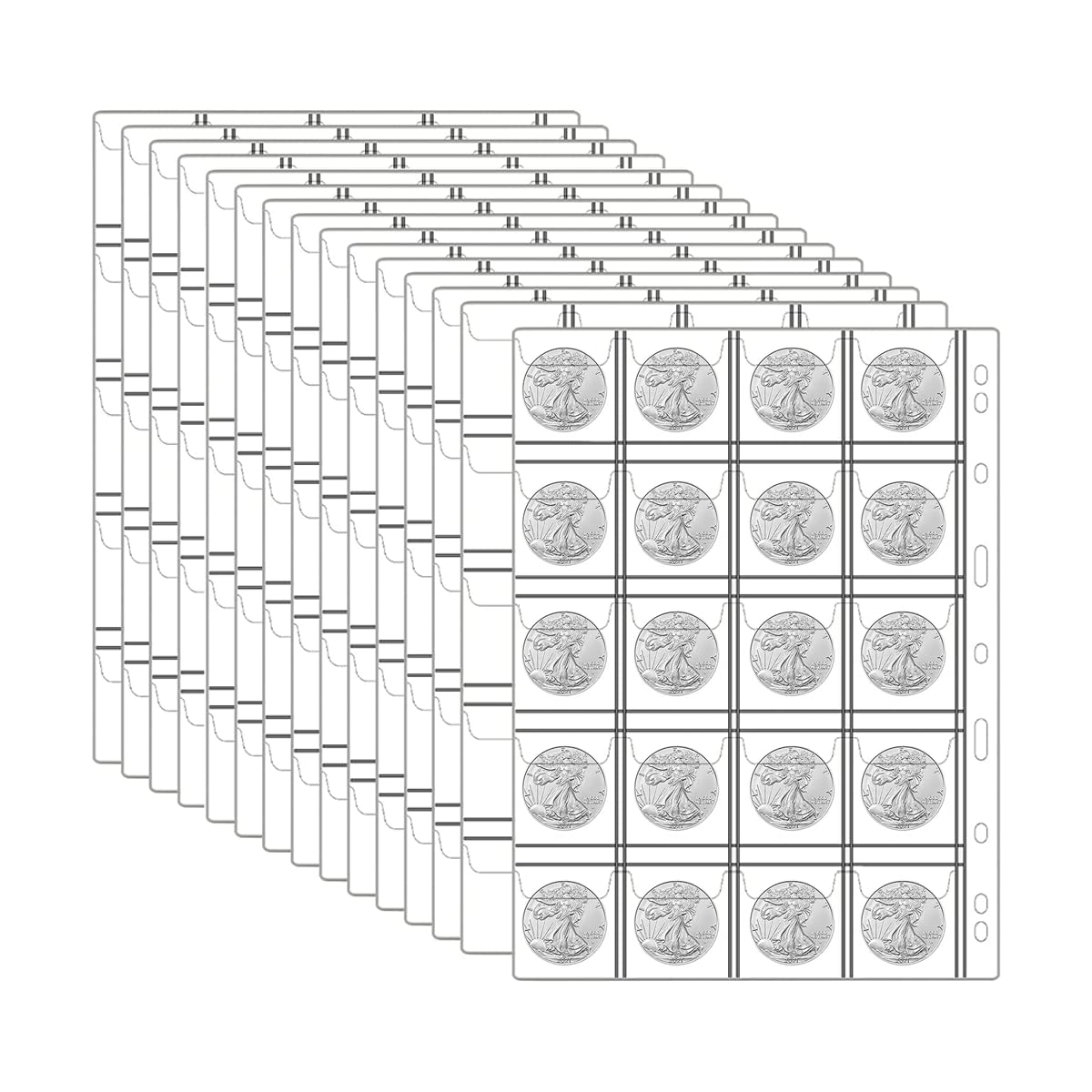 15 Sheets 4.3x4.3cm Coin Collection Pages, Coins Pocket Page with 300 ...