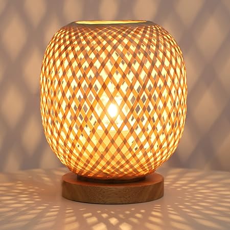 Small Rattan Table Lamp, Stepless Dimmable Beside Lamp, Vintage Wicker ...