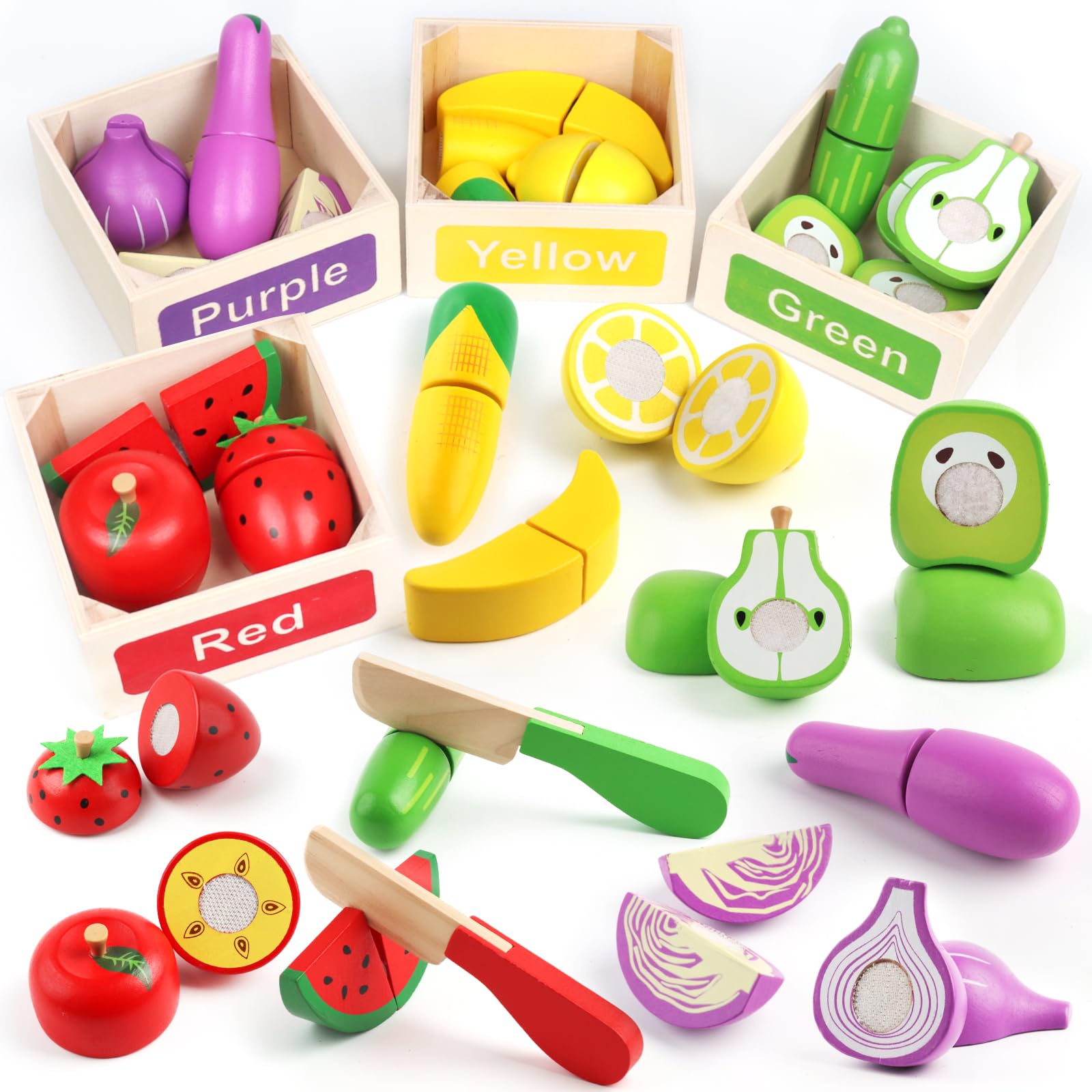 Amazon.com: MerryPony 30 Pcs Wooden Play Food Sets for Kids Kitchen ...