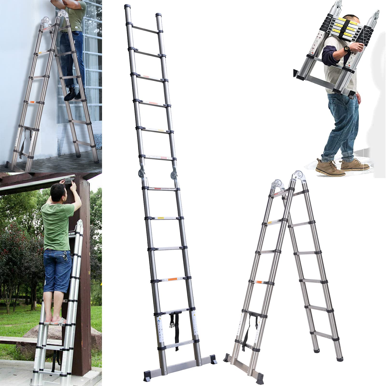 Buy 3.8M (1.9m+1.9m) Extendable A-Frame Ladder & Straight Ladder, Heavy ...