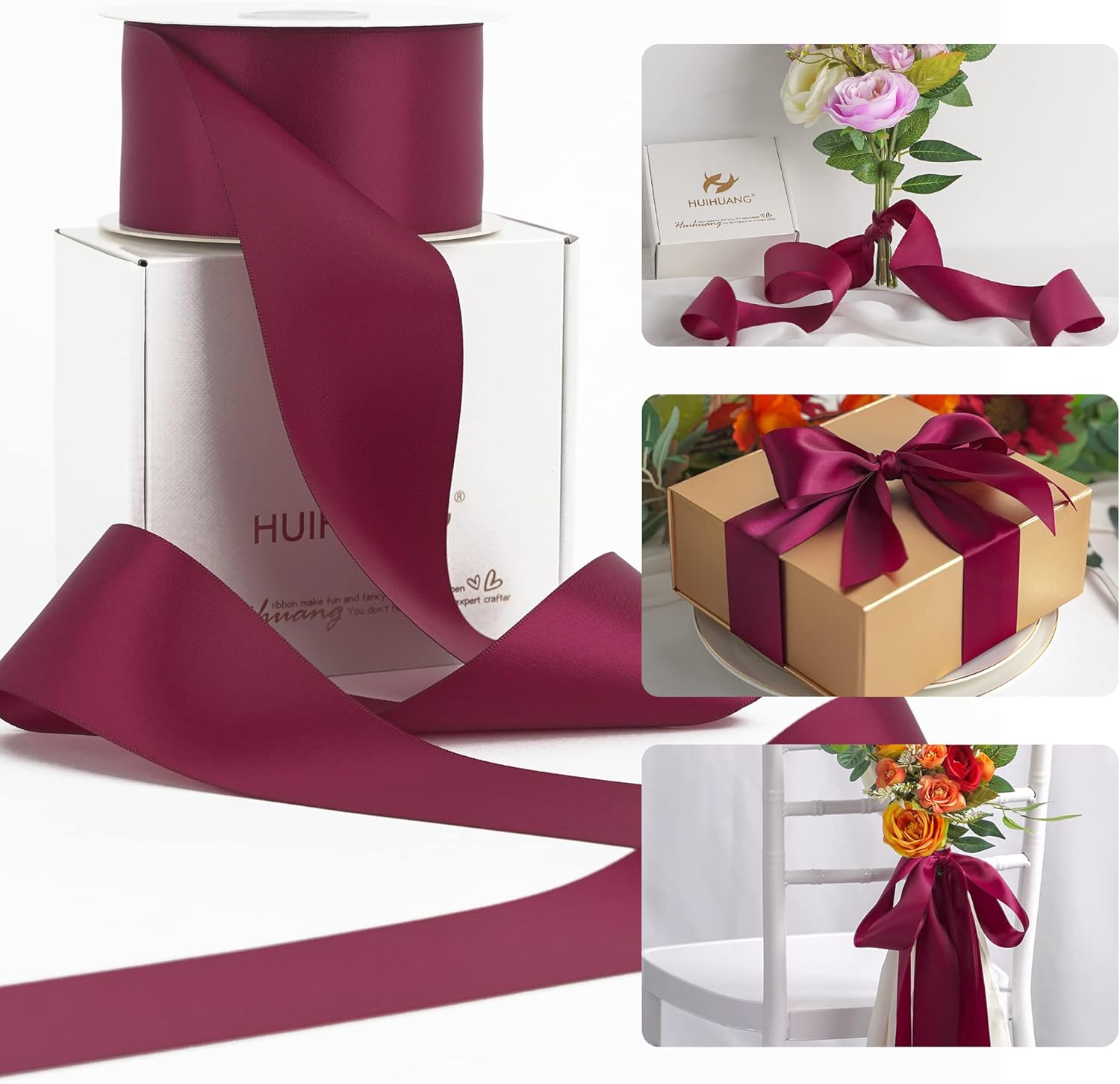 Amazon.com: HUIHUANG Wine Red Ribbon 2 inch Wide Double Face Satin ...