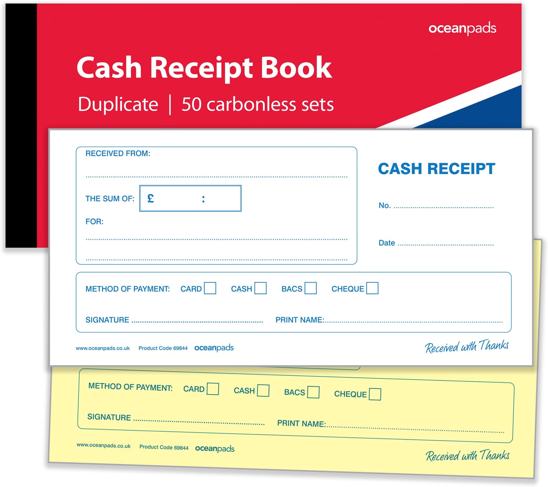 Ocean Pads Cash Receipt Book Duplicate DL White and Yellow, 2-Part ...