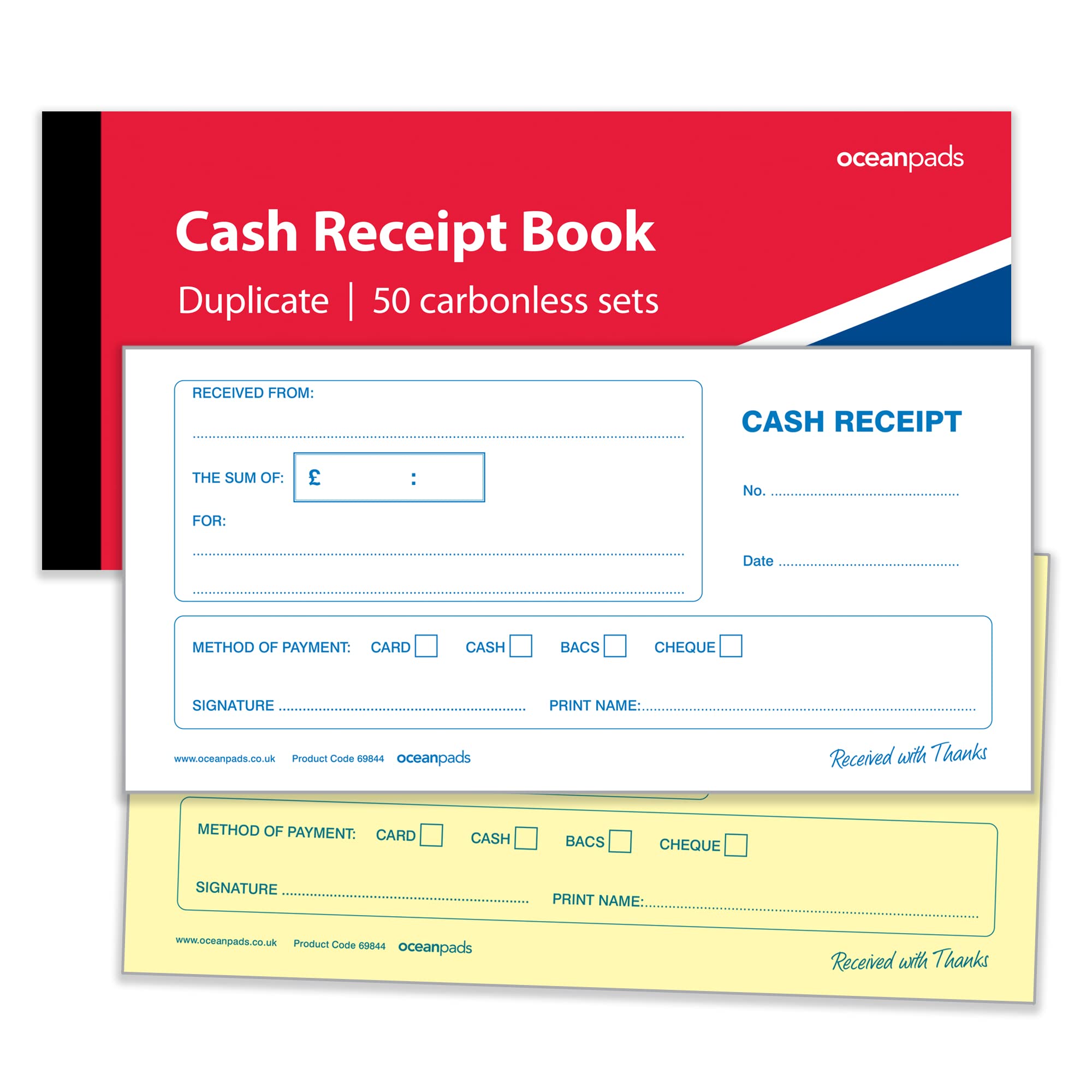 Ocean Pads Cash Receipt Book Duplicate DL White and Yellow, 2-Part ...