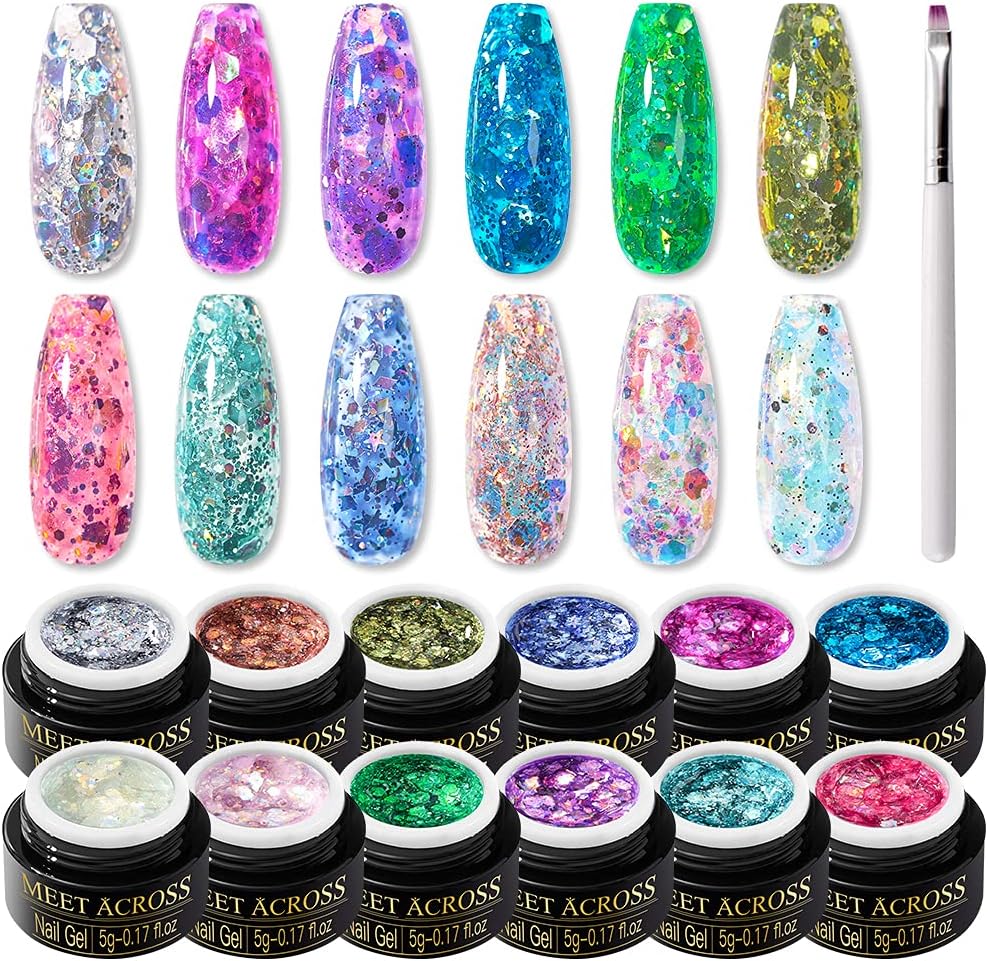 Glitter Gel Nail Polish Set with Painting Pen, 12 Colors Shiny ...