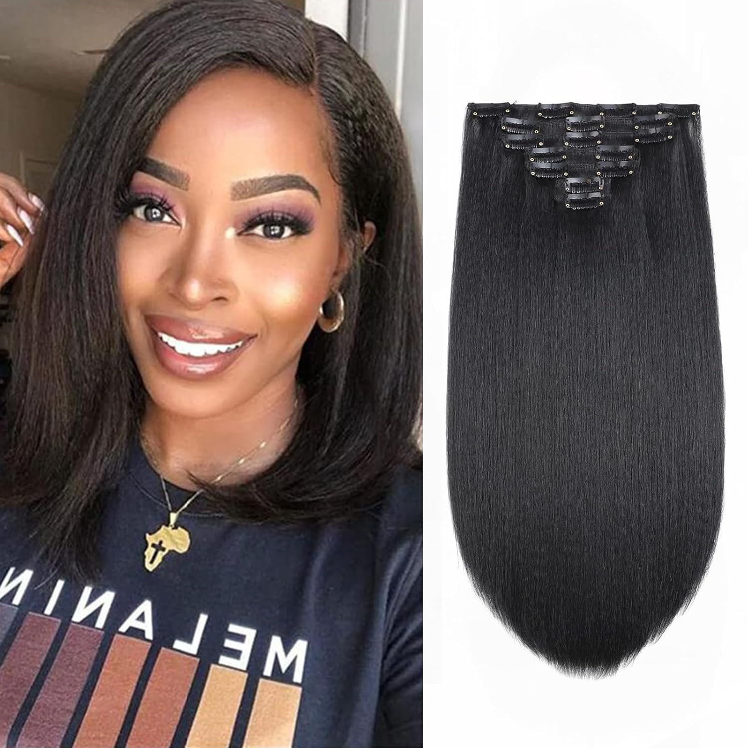 Amazon.com : 14 Inch Kinky Straight Clip in Hair Extensions Natural ...