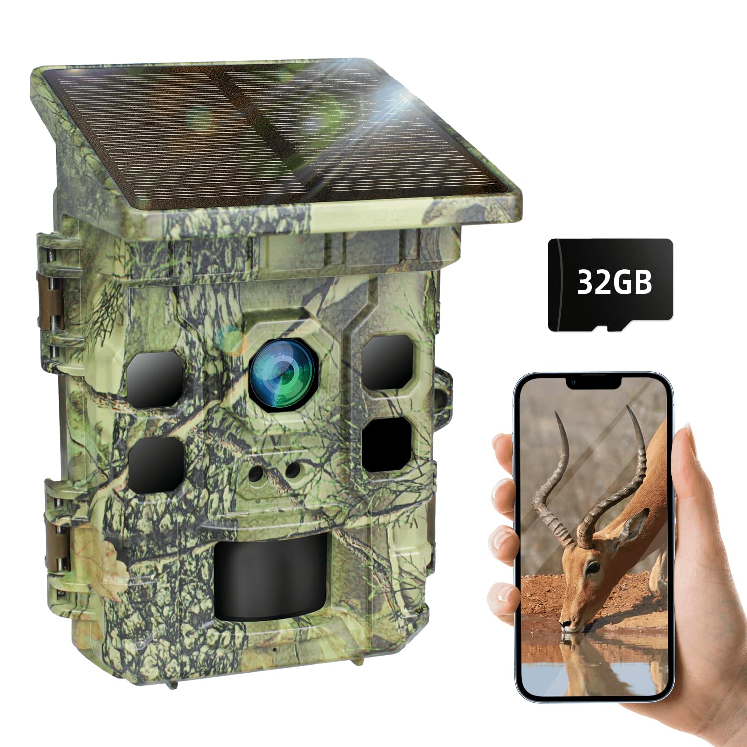 Solar Trail Camera 2.7K 32MP- WiFi Bluetooth Game Camera 130°Wide-Angle ...