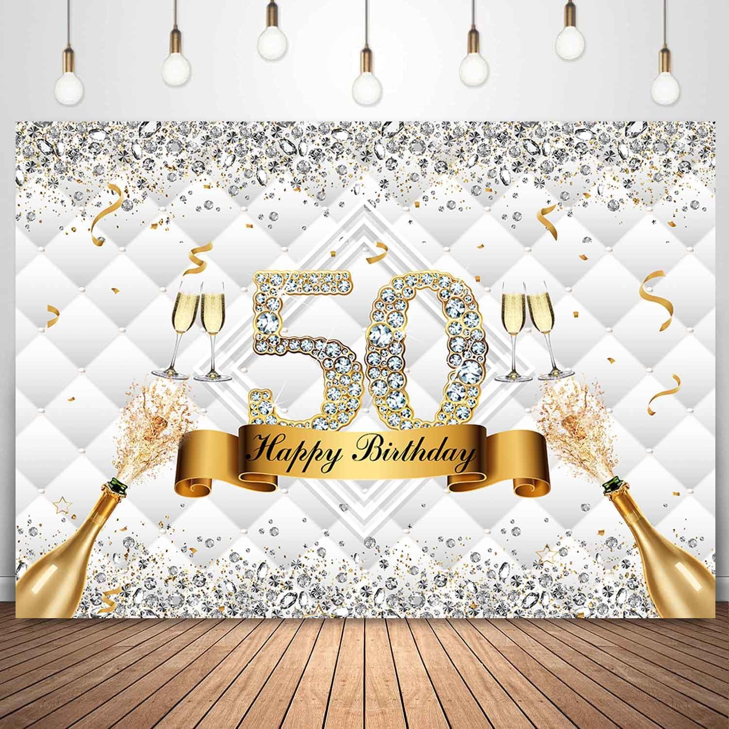 Amazon.com : Sensfun White Happy 50th Birthday Backdrop Gold Silver ...