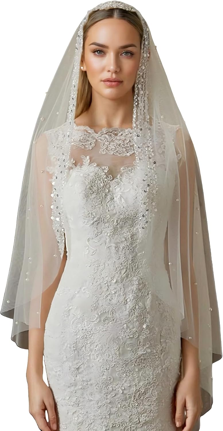 Pearl Wedding Veil with Handmade Beaded Edge and Metal Comb 47 ...
