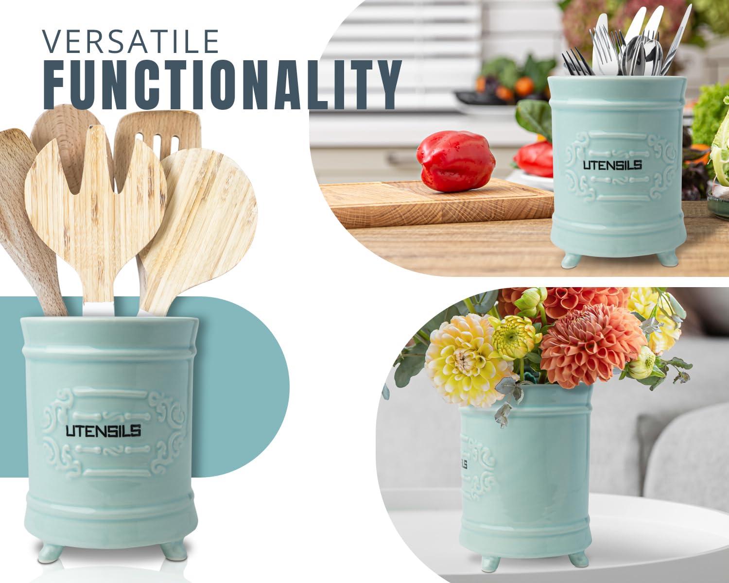 French Blue Ceramic Utensil Holder - Vintage Style Kitchen Utensil ...