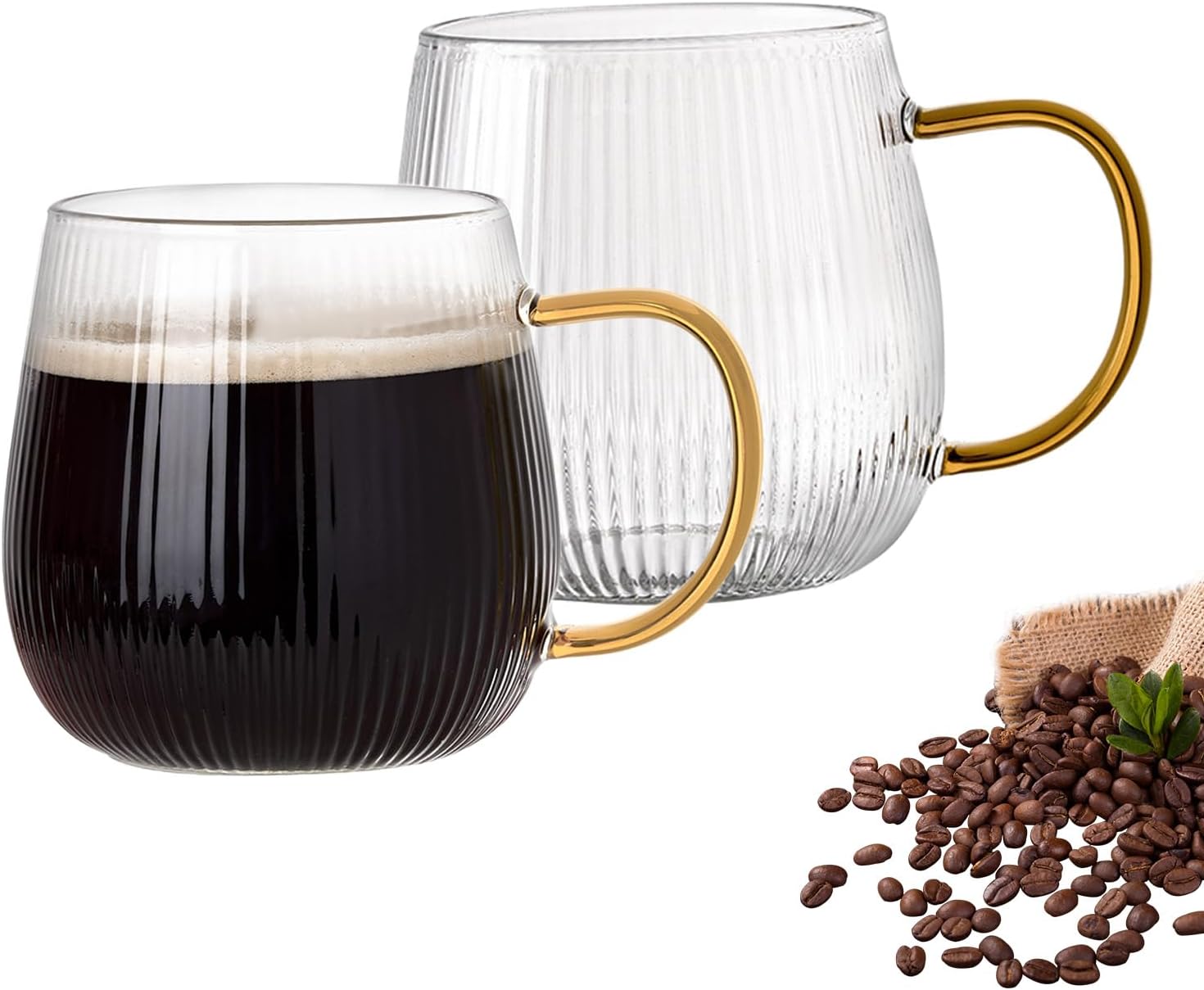 Amazon.com: GLASKEY 2-Pack Glass Coffee Mugs with Golden Handle,12 Oz ...