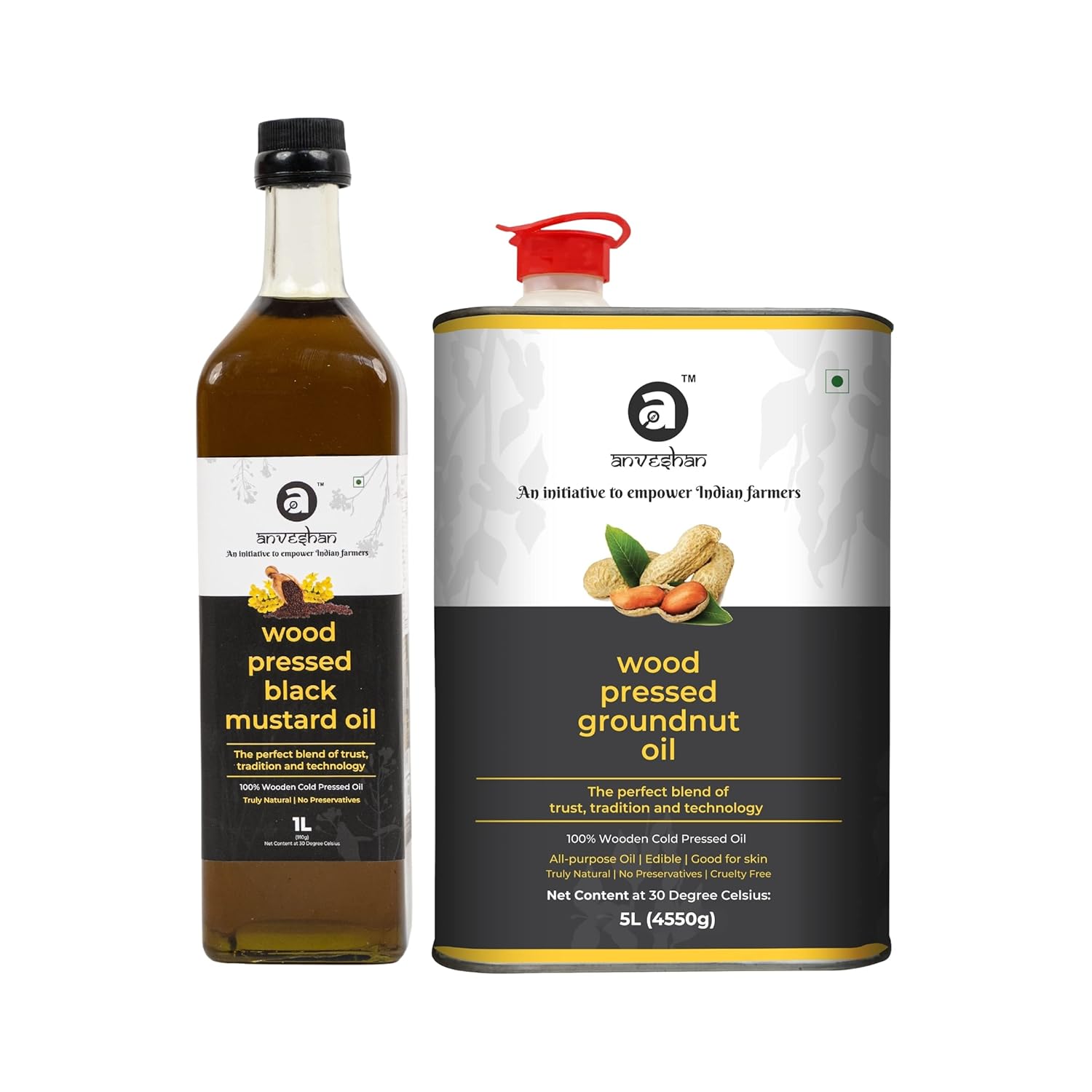 Anveshan Combo of Wood Pressed Groundnut Oil 5L and Black Mustard Oil ...