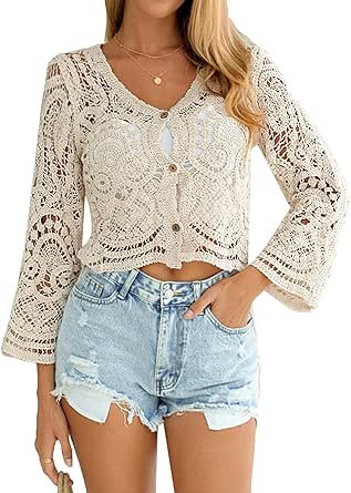 Amazon.com: SHENHE Women's Crochet Cardigan Button Down Lightweight ...