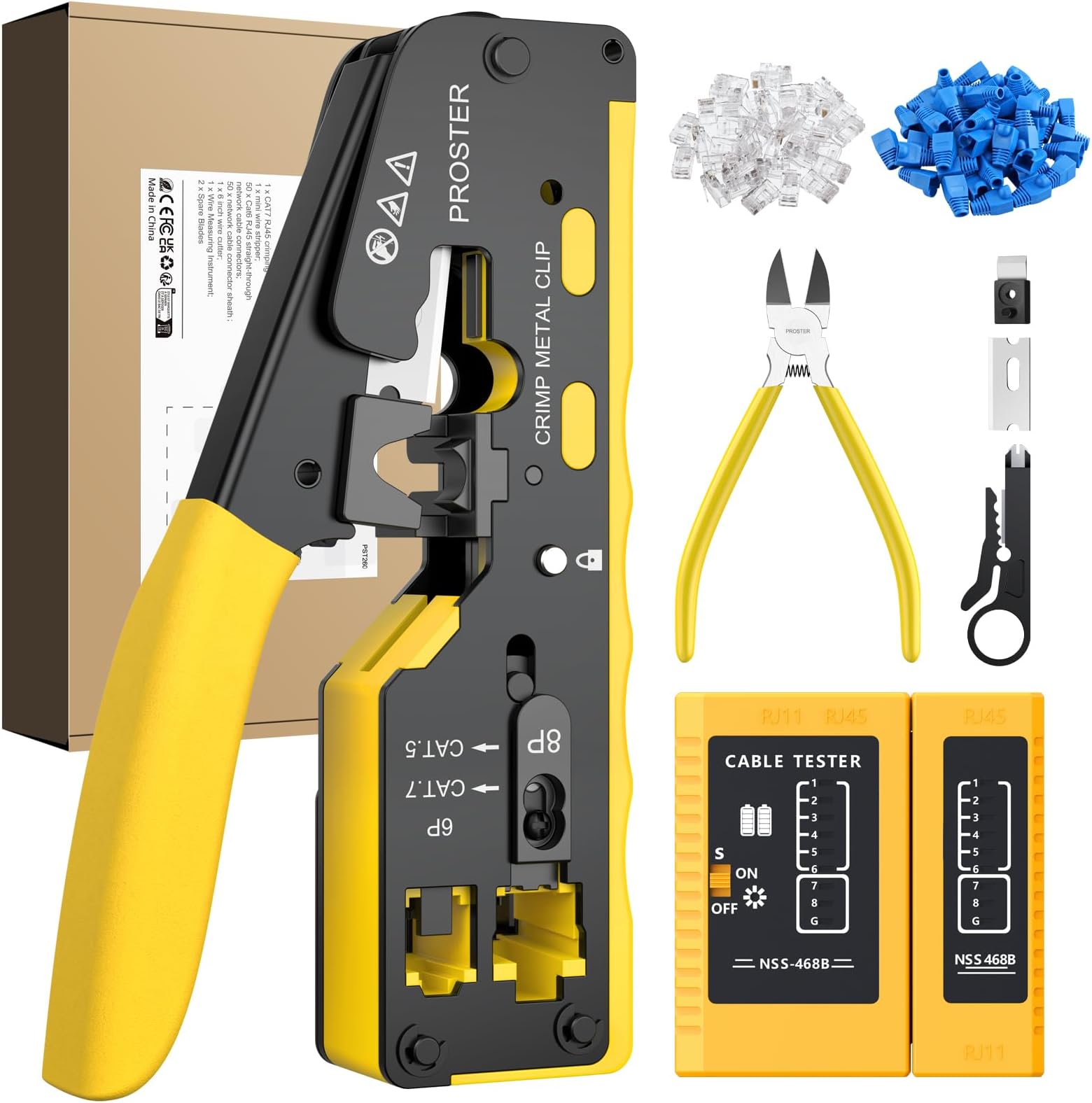 RJ45 Crimpzange Set, Netzwerk Werkzeug Set mit 4 x Cat7/6a RJ45 Stecker ...