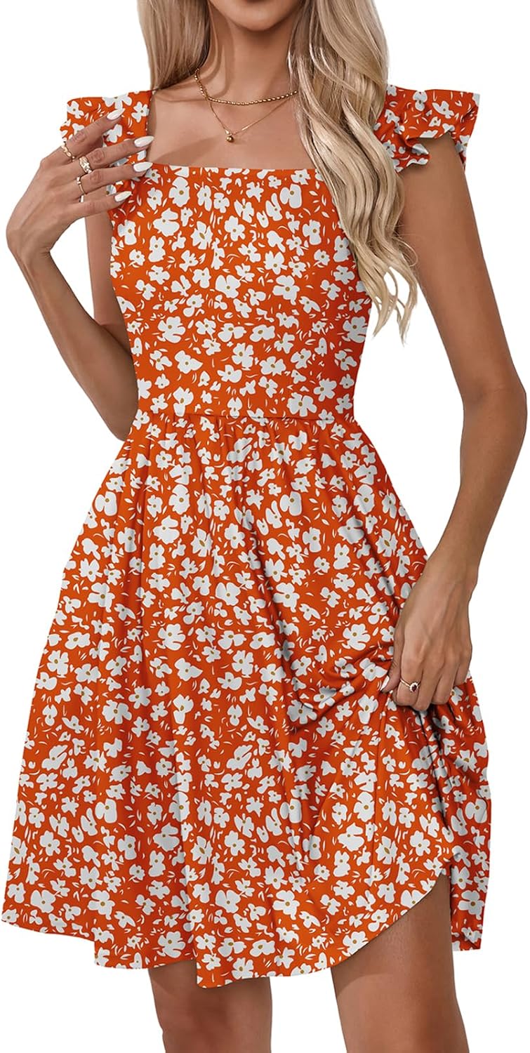 Naggoo Floral Sundresses for Women Casual Square Neck Dresses Summer ...