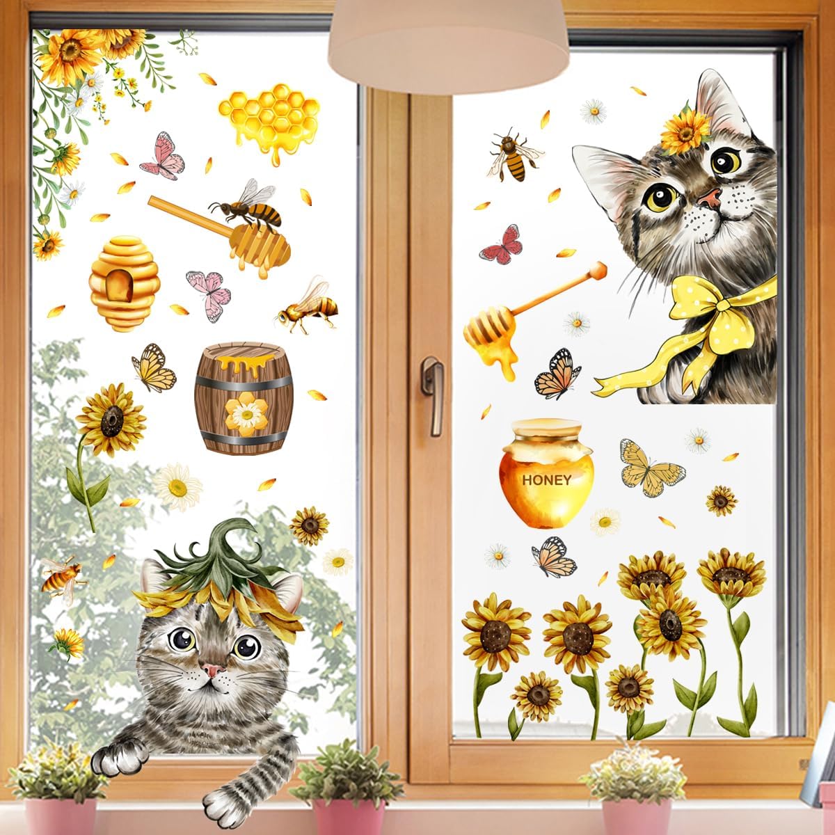 Amazon.com: Spring Cat Window Clings Sunflower Bee Cat Flowers Honey ...