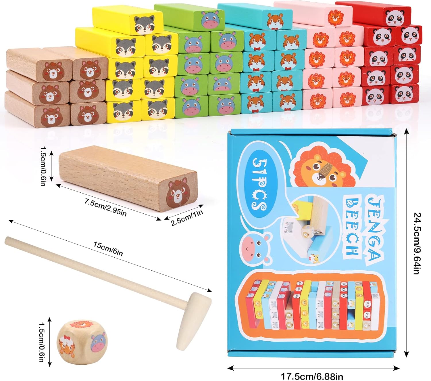 Wooden Tumble Tower Game for Kids, Diealles Shine 51PCS Animal Tumble ...