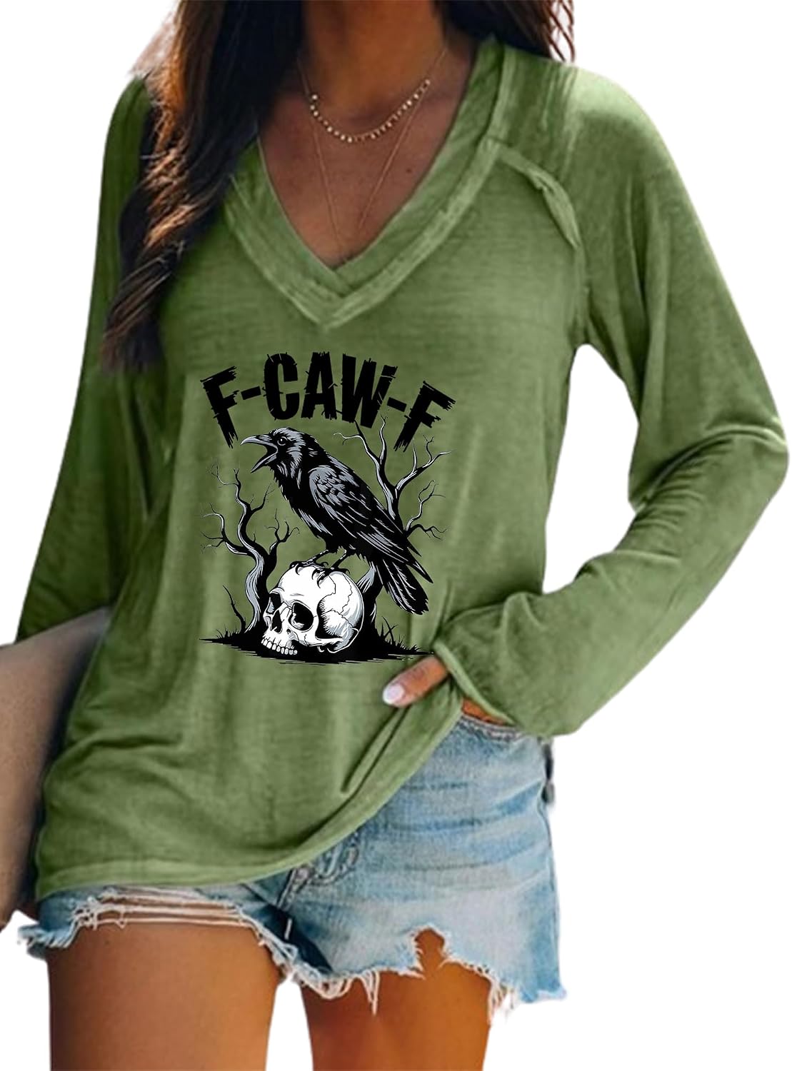 F-Caw-F Crow Shirt V Neck Long Sleeve T Shirts for Women, Green, Medium ...