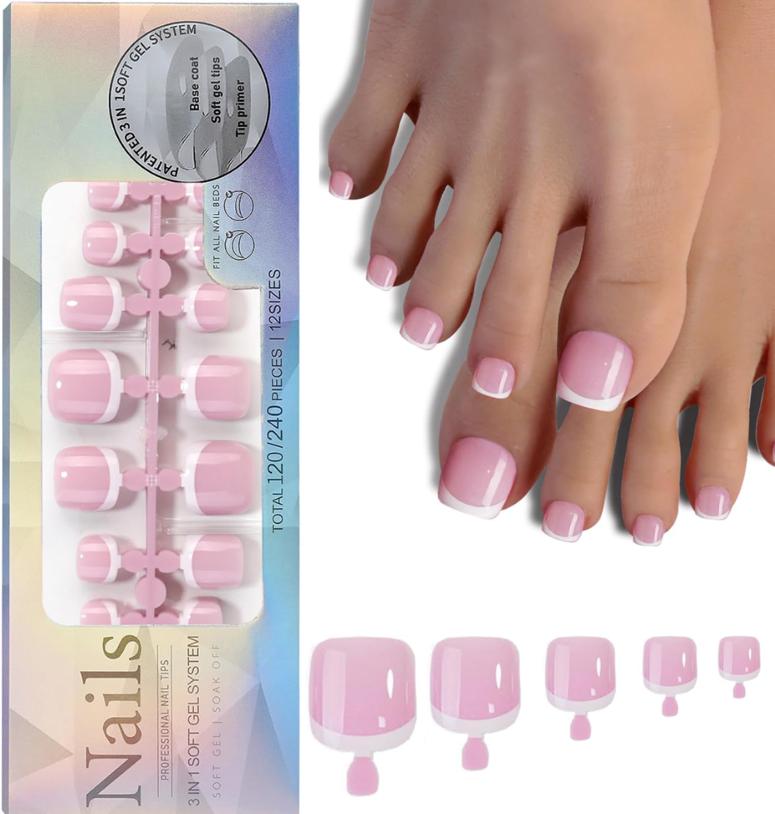 Amazon.com: Press on Toenails for Women in 15 Sizes,30 Pcs Fits,French ...