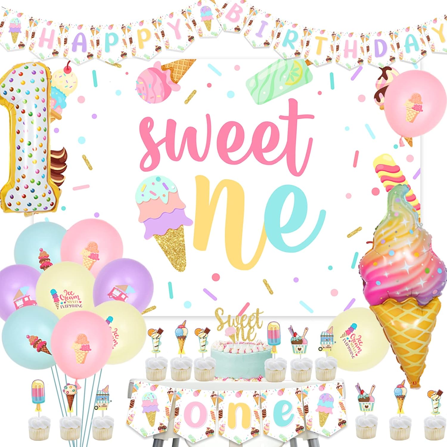 Amazon.com: Ice Cream Sweet One Birthday Party Decorations Summer Ice ...