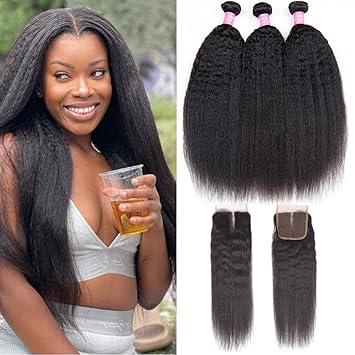 Amazon.com : Kinky Straight Bundles with Closure Yaki Kinky Straight Human Hair 3 Bundles with ...