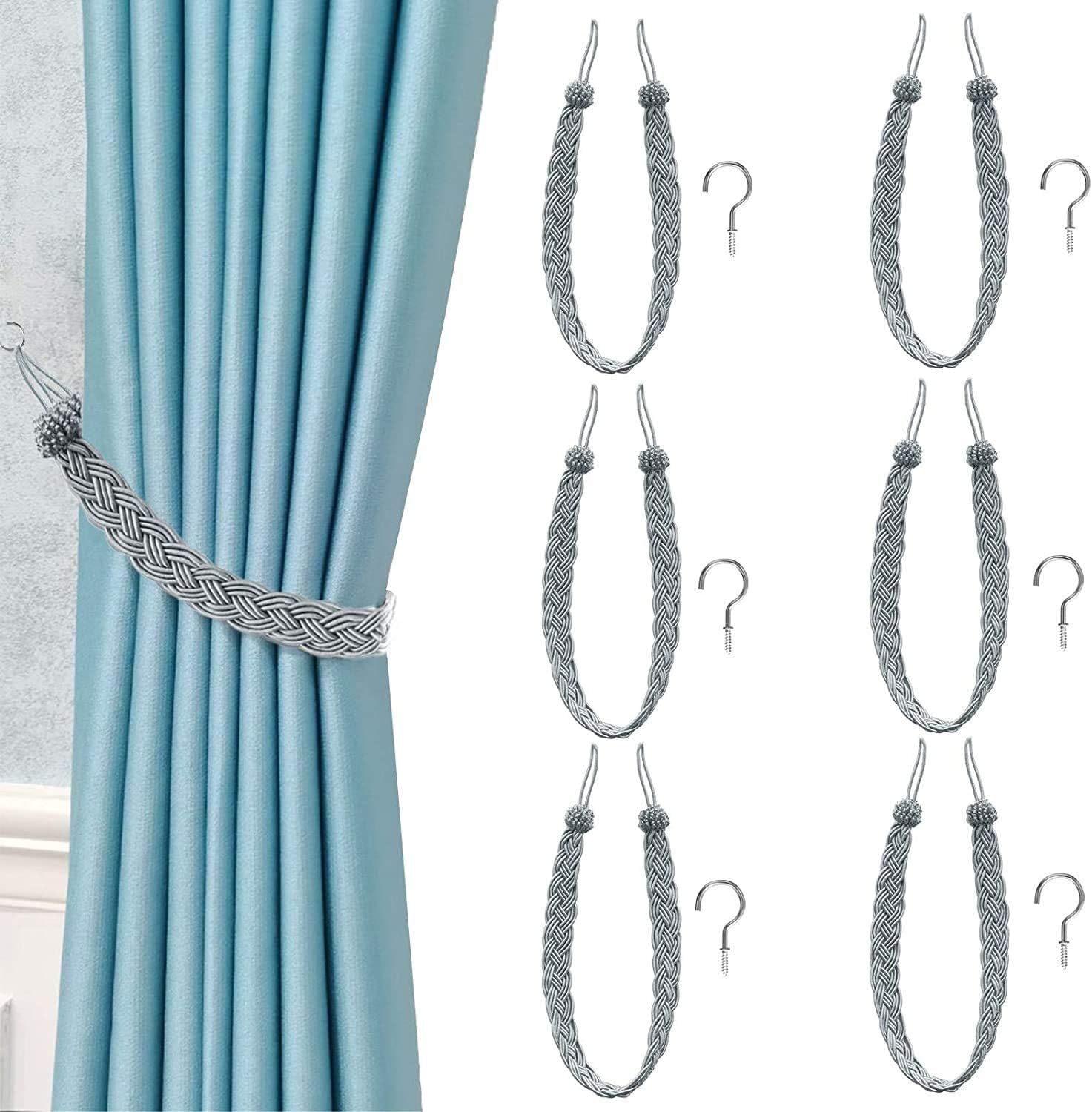 JZK 2 Pairs Silver grey tiebacks for curtains, braided curtain tiebacks ...
