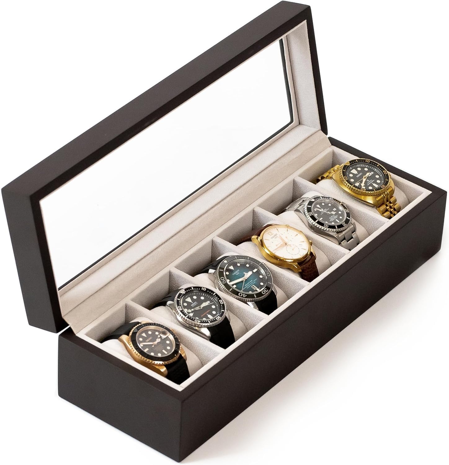Emcapt Wood Watch Box Organizer with Glass Display Top - 6 Slots ...
