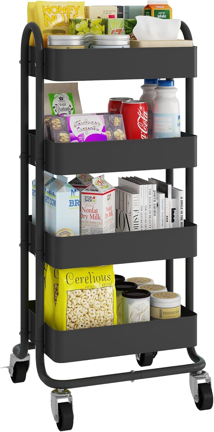 Amazon.com: 4-Tier Black Rolling Cart,Metal Rolling Utility Cart with ...