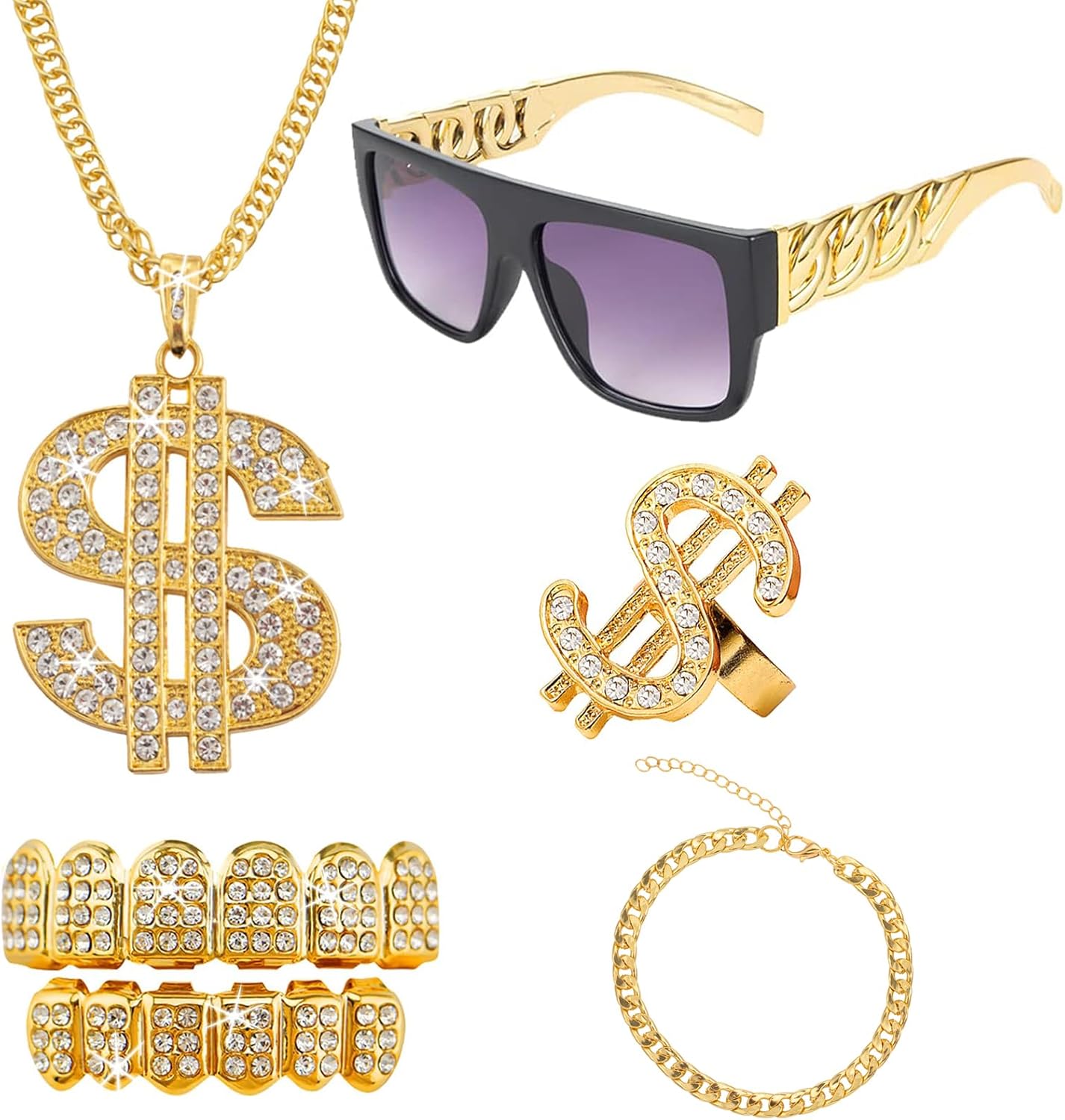 Amazon.com: FINZOR 5Pcs Hip Hop Costume Kit Gold Rapper Sunglasses Gold ...