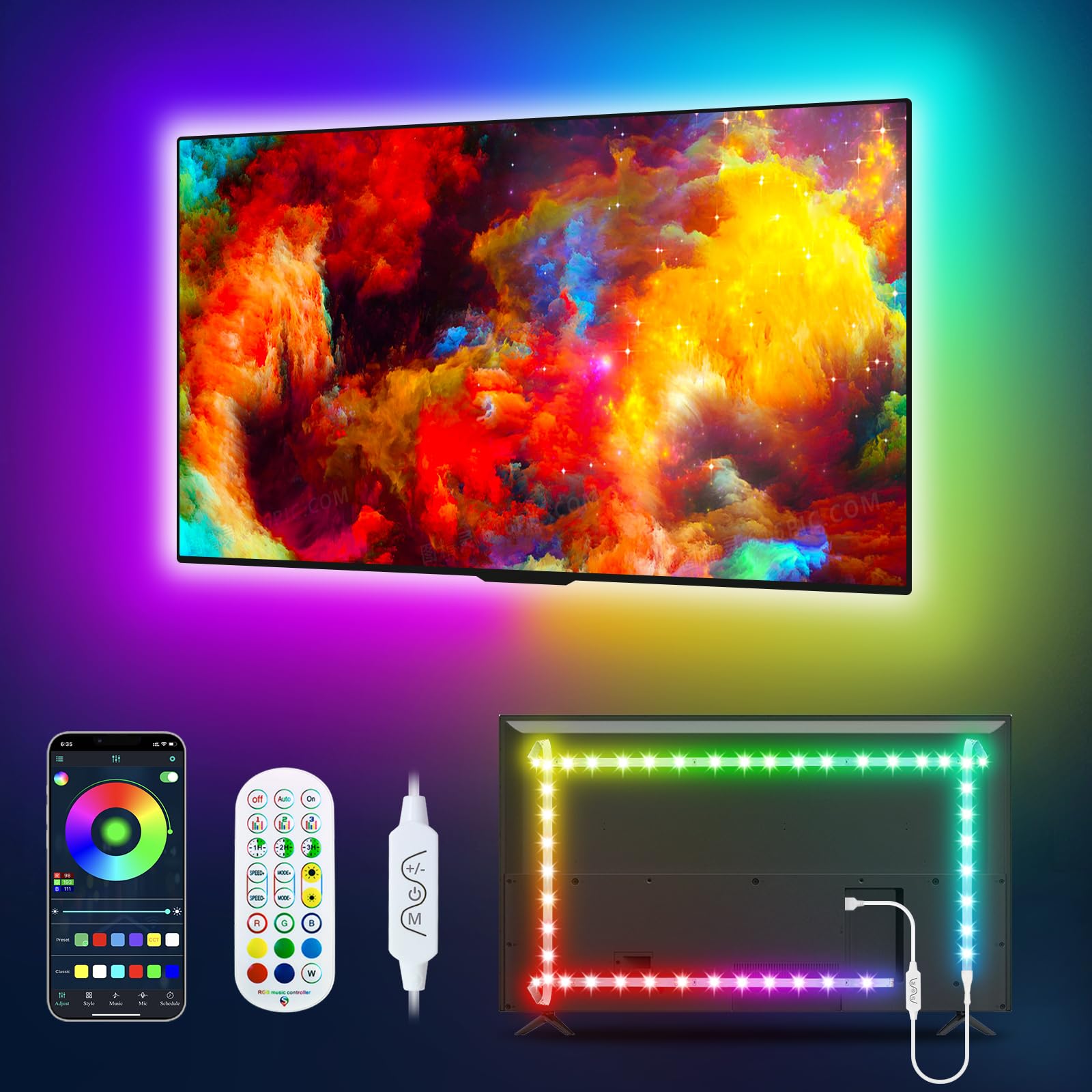 Daymeet TV LED Backlights, 13.1ft Music Sync LED TV Strip Lights for 40 ...