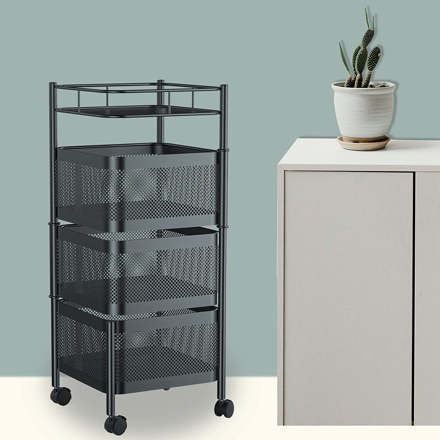 JD Metal 4 Layer Kitchen Rotating Trolley Portable Storage Rack Square ...