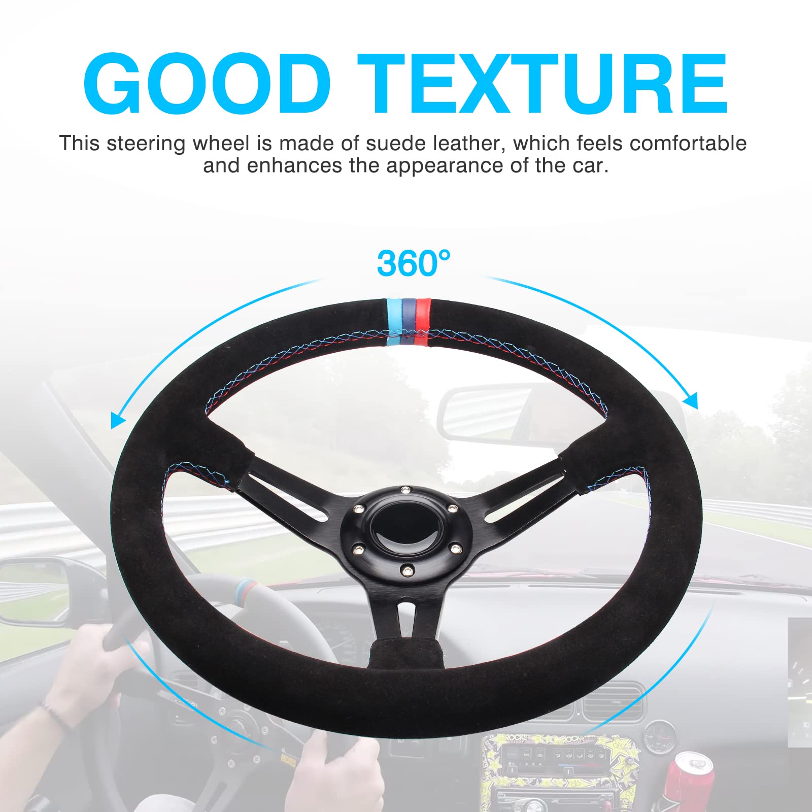 Snapklik.com : Somusen Universal Racing Steering Wheel Suede Deep Dish 14”/350mm 6 Bolts